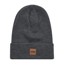 Beanie Urban Classics "Urban Classics Unisex Synthetic Leatherpatch Long Beanie", Damen, Gr. onesize, charcoal, Kunstfaser, M&uuml;tzen Beanie