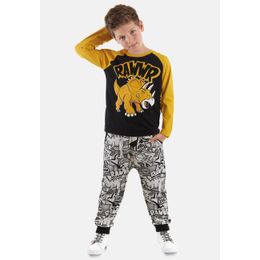 DENOKIDS Jungen Hausanzug "Rawr", Gr. 140, schwarz, 94% Baumwolle;6% Elasthan, bedruckt, Homewear-Sets, mit langen Raglanärmeln
