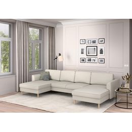 Wohnlandschaft Home Affaire, B:305cm H:83cm T:161cm, grau, 100% Polyester, Sofas, "Booster, whlw. mit Schlaffunktion & Bettkasten, Fuß Buche