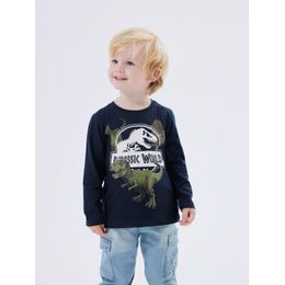 name it Jungen Langarmshirt "NMMNIJAL JURASSIC LS TOP NOOS SKY", blau, Gr. 92, bedruckt, Jersey, Obermaterial: 95% Baumwolle, 5% Elasthan, Shirts