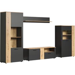Wohnwand Inosign, B:340cm H:195cm T:42cm, schwarz, Glas, Holzwerkstoff, Kunststoff, Wohnzimmer, Kastenmöbel-Sets, "Estepona", Wohnzimmermöbel mit