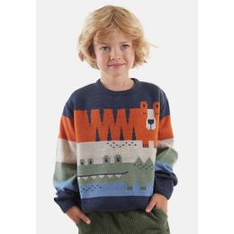 DENOKIDS Jungen Rundhalspullover "Animals", blau, Gr. 92, gestreift, Feinstrick, 100% Polyacryl, Pullover, im Farbblock-Look