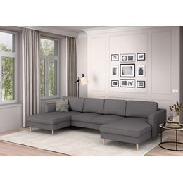Wohnlandschaft Home Affaire, B:305cm H:83cm T:161cm, grau, 100% Polyester, Sofas, "Booster, whlw. mit Schlaffunktion & Bettkasten, Fuß Buche
