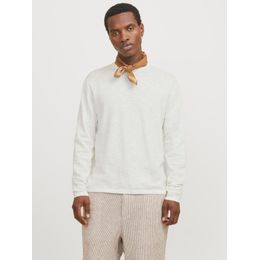 Jack & Jones JACK & JONES Herren Rundhalspullover "JJESUMMER KNIT CREW NECK SN", wei&szlig;, Gr. S, gestreift, Strick, Obermaterial: 90% Baumwolle, 10% Leinen,