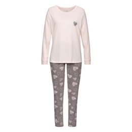 Pyjama Vivance Dreams, Damen, Gr. 32/34, rosa, grau, Single Jersey, Obermaterial: 60% Baumwolle, 40% Polyester, gemustert, Basic, loose fit lang, Rundhals, eingesetzt angesetztes Bündchen, Homewear-Sets