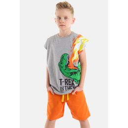 DENOKIDS Jungen Hausanzug "T-Rex Flame", Gr. 140, grau, 65% Baumwolle;35% Polyester, bedruckt, Homewear-Sets, mit Dinosaurier-Print
