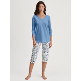 Calida Damen Schlafanzug "Graphic Nights", Gr. XS, blau, Single Jersey, Obermaterial: 100% Baumwolle, Homewear-Sets, V-Ausschnitt, Baumwolle, weich,