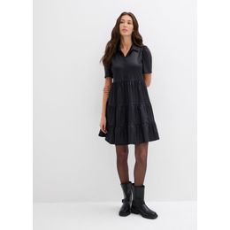 bonprix Minikleid aus gl&auml;nzendem Material, schwarz, Gr.44/46 (L), Minikleid im Wet-Look mit Volants und halben &Auml;rmeln
