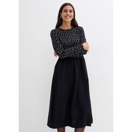bonprix Kleid im Materialmix aus reiner Baumwolle, schwarz, Gr.44/46 (L), Jerseyqualit&auml;t aus Baumwolle am Oberteil sowie gewebte Baumwollqualit&auml;t an der Rockpartie, aus 100% Baumwolle