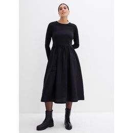 bonprix Kleid im Materialmix aus reiner Baumwolle, schwarz, Gr.48/50 (XL), Jerseyqualit&auml;t aus Baumwolle am Oberteil sowie gewebte Baumwollqualit&auml;t an der Rockpartie, aus 100% Baumwolle