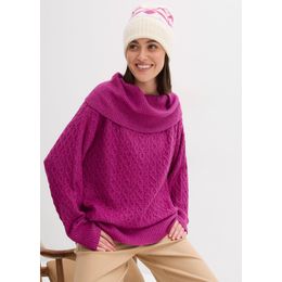bonprix Pullover mit Zopfmuster, lila, Gr.40/42 (M), Grobstrickpullover mit XXL-Kragen