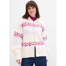 bonprix Kurze Norweger-Strickjacke aus dickem Material, wei&szlig;, Gr.36/38 (S), Mit Rei&szlig;verschluss und gro&szlig;em Kragen