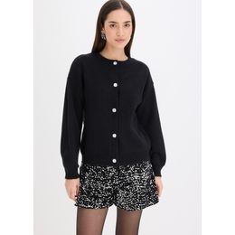 bonprix Strickjacke mit dekorativen Kn&ouml;pfen, schwarz, Gr.36/38 (S), Jacke aus einfarbigem Strick mit Rundhalsausschnitt und langen Ballon&auml;rmeln. Verschluss vorne mit dekorativen Metallkn&ouml;pfen