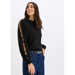bonprix Pullover mit Metall-Perlen, schwarz, Gr.40/42 (M), Pullover mit Rundhalsausschnitt und langen &Auml;rmeln mit Schlitz und Applikation aus goldfarbenen Metall-Perlen