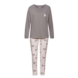 Pyjama Vivance Dreams, Damen, Gr. 32/34, grau, rosa, Single Jersey, Obermaterial: 60% Baumwolle, 40% Polyester, gemustert, Basic, loose fit lang, Rundhals, eingesetzt angesetztes Bündchen, Homewear-Sets