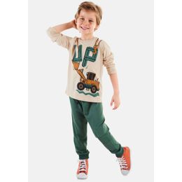 DENOKIDS Jungen Hausanzug "Up Dozer", Gr. 122, beige, 100% Baumwolle, bedruckt, Homewear-Sets, mit elastischem Bund und Seitentaschen