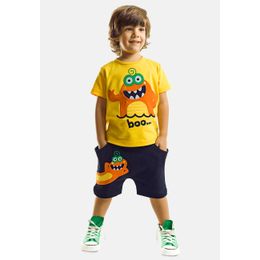 DENOKIDS Jungen Hausanzug "Lake Monster", Gr. 128, gelb, 95% Baumwolle;5% Elasthan, bedruckt, Homewear-Sets, mit Monster-Applikation