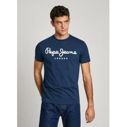 Pepe Jeans Herren T-Shirt, blau, Gr. XL, bedruckt, Single Jersey, Obermaterial: 95% Baumwolle, 5% Elasthan, Shirts, mit Markenprint vorne