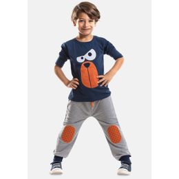 DENOKIDS Jungen Hausanzug "Funny Face", Gr. 98, blau, 95% Baumwolle, 5% Elasthan, bedruckt, Basic, Homewear-Sets, mit lustiger B&auml;ren-Applikation