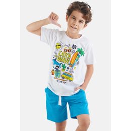 DENOKIDS Jungen Hausanzug "Vacation", Gr. 134, wei&szlig;, 95% Baumwolle, 5% Elasthan, bedruckt, Homewear-Sets, mit Print