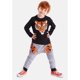 DENOKIDS Jungen Hausanzug "Tiger Paws", Gr. 104, schwarz, 92% Baumwolle, 8% Elasthan, bedruckt, Basic, Homewear-Sets, mit Tigeraufdruck