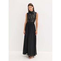 bonprix Maxikleid, schwarz, Gr.48, Modern und feminin: Abendkleid aus zartem T&uuml;ll mit Stehkragen und Paillettenstickerei im Oberteil