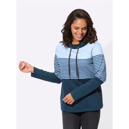 Sweatshirt Casual Looks, Damen, Gr. 42, blau (jeansblau, ecru, geringelt), 100% Baumwolle, gemustert, gestreift, mehrfarbig, Sweatshirts Sweatshirt