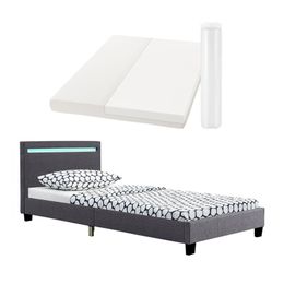 Juskys Polsterbett Verona 90x200 cm grau mit Matratze – Einzelbett + LED-Beleuchtung & Lattenrost