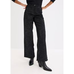 bonprix Wide Leg Hose aus Baumwollstretch, schwarz, Gr.52, schicke Wideleg Hose mit Druck, 97% Baumwolle