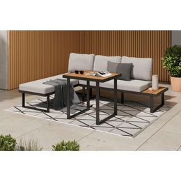 Ambia Garden Dining-Loungeset, Grau, Natur, Schwarz, Holz, Metall, Akazie, vollmassiv, 219x147 cm, Loungem&ouml;bel, Gartenlounge-Sets