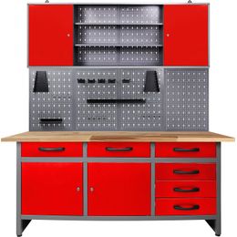 Werkstatt-Set ONDIS24 "Karsten", rot (rot, grau), B:160cm H:205cm T:60cm, Metall, Werkbänke, 160 cm, höhenverstellbar, inkl. Hakenset