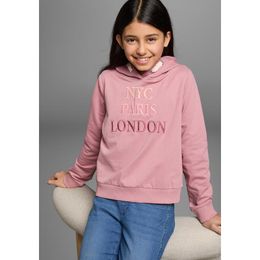 Kidsworld Kinder Kidsworld Kapuzensweatshirt &raquo;NYC Paris London - Stickerei&laquo;, Langarm, gerade Passform, bedruckt, Kapuze, aus Baumwolle rosa 164/170