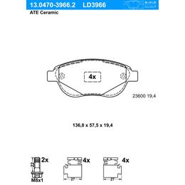 ATE Bremsbelagsatz, Scheibenbremse Ceramic vorne rechts links mit Zubeh&ouml;r f&uuml;r PEUGEOT CITRO&Euml;N 1611140780 425427 425339 13.0470-3966.2
