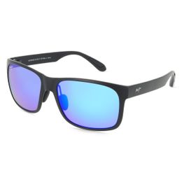 Maui Jim B432 | Unisex-Sonnenbrille | Fassung: Vollrand, Quadratisch, Kunststoff, Schwarz Matt | Glasfarbe: Grau Spiegel Blau