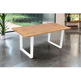 Esstisch 180x90 cm Baumkante Holz Wildeiche-Optik U-Gestell Metall wei&szlig; JOSY