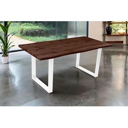 Esstisch 180x90 cm Baumkante Holz Nussbaum-Optik U-Gestell Metall weiß JOSY