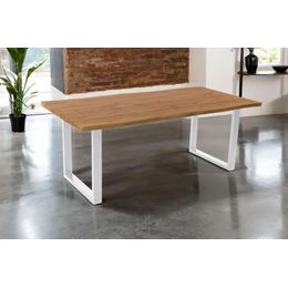 Esstisch 200x100 cm Baumkante Holz Wildeiche-Optik U-Gestell Metall wei&szlig; JOSY