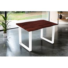 Esstisch 140x80 cm Baumkante Holz Nussbaum-Optik U-Gestell Metall wei&szlig; JOSY
