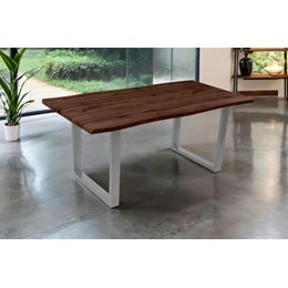 Esstisch 180x90 cm Baumkante Holz Nussbaum-Optik U-Gestell Metall silber JOSY
