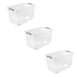 Aufbewahrungsbox keeeper "Clipbox Leo (Set 3 St.) 56 L, 59 x 38 x 35,5 cm", transparent, B:59cm H:35,5cm T:38cm, Kunststoff, Aufbewahrungsboxen, Schanierclips, Doppelöffnung, 90 drehbare Räder, fixierbarer Deckel