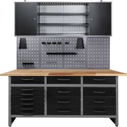 Werkstatt-Set ONDIS24 "Konny", schwarz (anthrazit, grau, schwarz), B:160cm H:205cm T:60cm, Metall, Werkbänke, 160 cm, höhenverstellbar, inkl. Hakenset