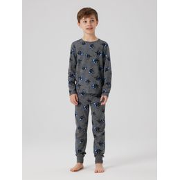 Pyjama name it "NKMNIGHTSET DARK GREY MEL SKULL NOOS", Jungen, Gr. 146/152, grau (dunkelgrau melange), Jersey, Obermaterial: 95% Baumwolle, 5% Elasthan, bedruckt, regular fit, Rundhals, Homewear-Sets