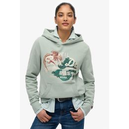 Superdry Damen Kapuzensweatshirt, grün, Gr. S, bedruckt, Sweatware, Obermaterial: 100% Baumwolle, Sweatshirts