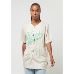 T-Shirt Karl Kani "Karl Kani Woven Signature Pinstripe Baseballshirt", Damen, Gr. M, beige, 100% Polyester, bedruckt, loose fit, V-Ausschnitt, Shirts T-Shirt