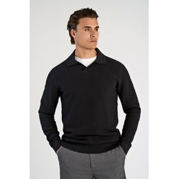 LINDBERGH Damen Strickpulloverschwarz, Gr. XL, unifarben, Strick, Obermaterial: 100% Baumwolle, Pullover, mit Hemdkragen und leichter Struktur