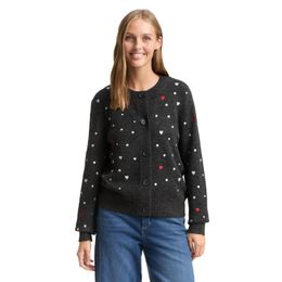 Cardigan Tom Tailor Denim, Damen, Gr. L, grau wei&szlig; dots and hearts, Strick, Obermaterial: 79% Polyacryl, 18% Polyester, 3% Elasthan, bestickt, regular fit normal, Rundhals, Rippb&uuml;ndchen, Strickjacken, mit Stickereien