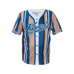 T-Shirt KARL KANI "Karl Kani Herren KM232-010-2 KK Varsity Striped Baseball Shirt", Damen, Gr. M, blau, sand, weiß, 100% Polyester (Recycelt), gestreift, normal, V-Ausschnitt, Shirts T-Shirt