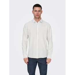 Only & Sons ONLY & SONS Herren Kurzarmhemd "ONSCAIDEN LS STRIPE LINEN SHIRT 660 NOOS", beige, Basic, Gr. L, unifarben, Web, Obermaterial: 55% Baumwolle, 45%