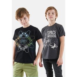 DENOKIDS Jungen T-Shirt "Start Game", schwarz, Gr. 140, bedruckt, 74% Polyester, 23% Viskose, 3% Elasthan, Shirts, im Doppelpack
