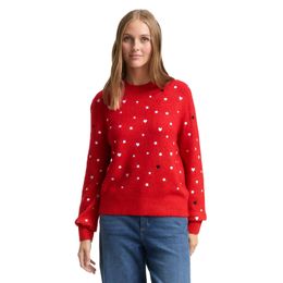 Strickpullover Tom Tailor Denim, Damen, Gr. L, rot with hearts, Strick, Obermaterial: 79% Polyacryl, 18% Polyester, 3% Elasthan, bestickt, relaxed fit normal, Rundhals, Rippbündchen, Pullover Strickpullover, mit Stickereien
